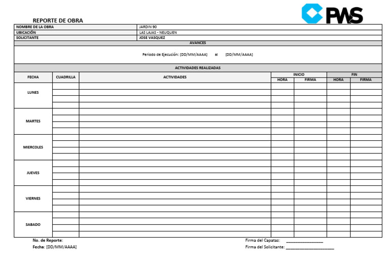 Formato De Reporte De Obra Para Word Pdf