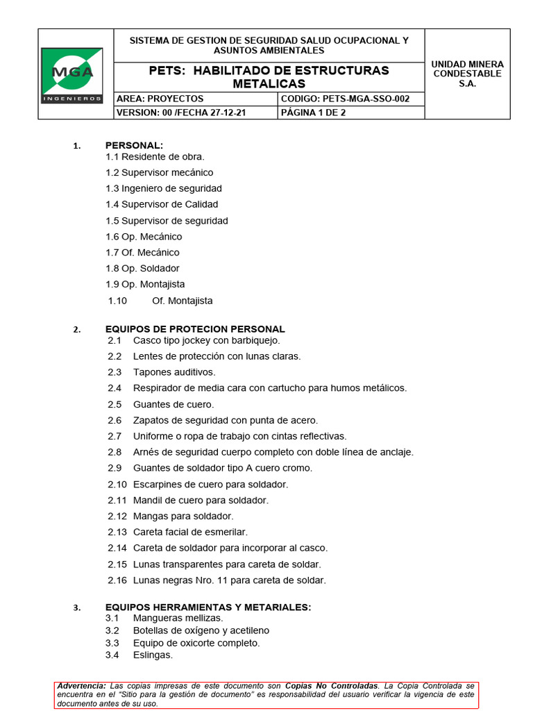 Pets-Mga-Sso-002 Habilitado de Estructuras Metalicas | PDF | Soldadura | Construcción