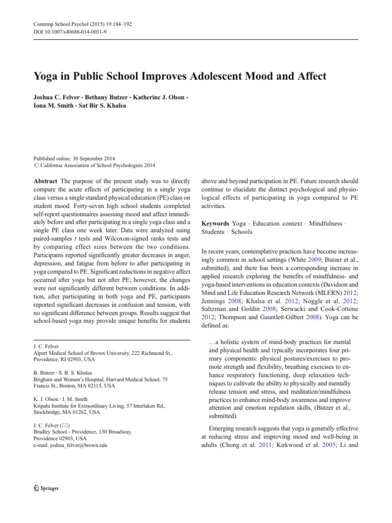 Felver Et Al., 2015 Yoga in Public School Imroves Adolescent Mood and ...