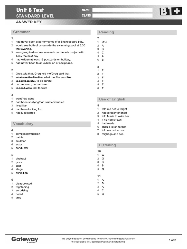 B1PLUS UNIT 8 Test Answer Key Standard | PDF | Linguistics | Human ...