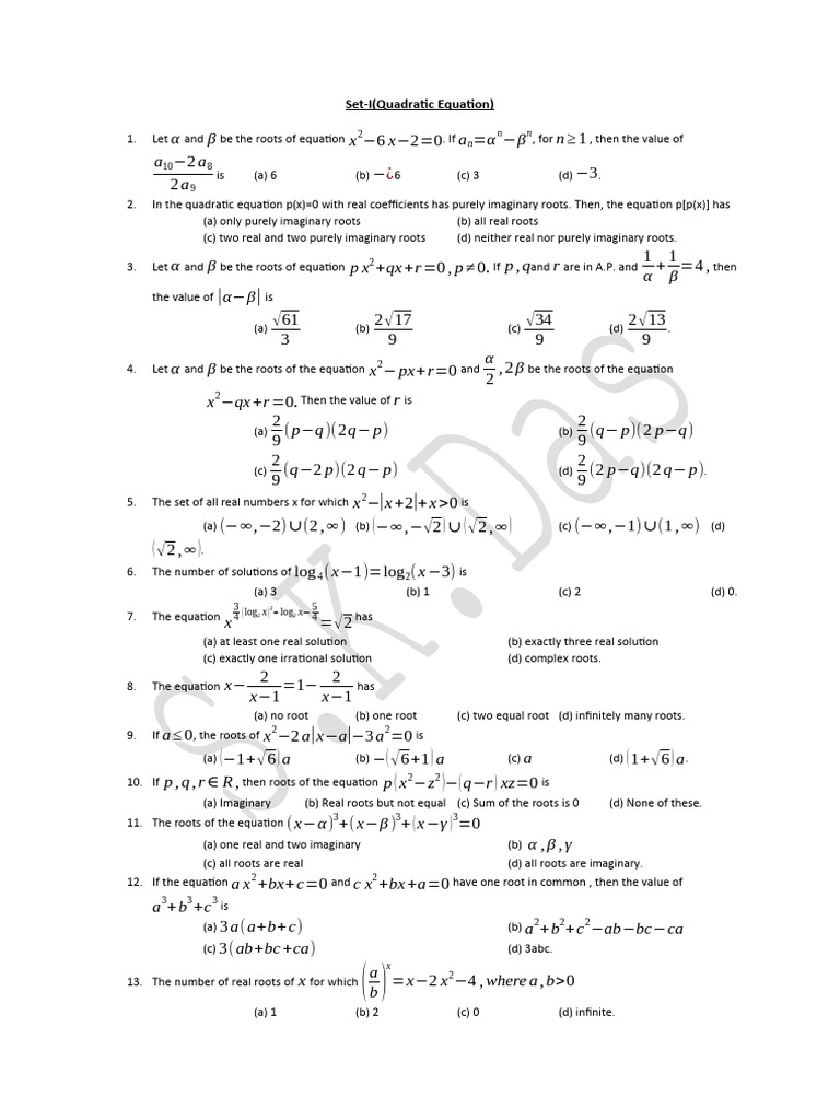 Set-I (Quadratic Equation) | PDF | Zero Of A Function | Infinity