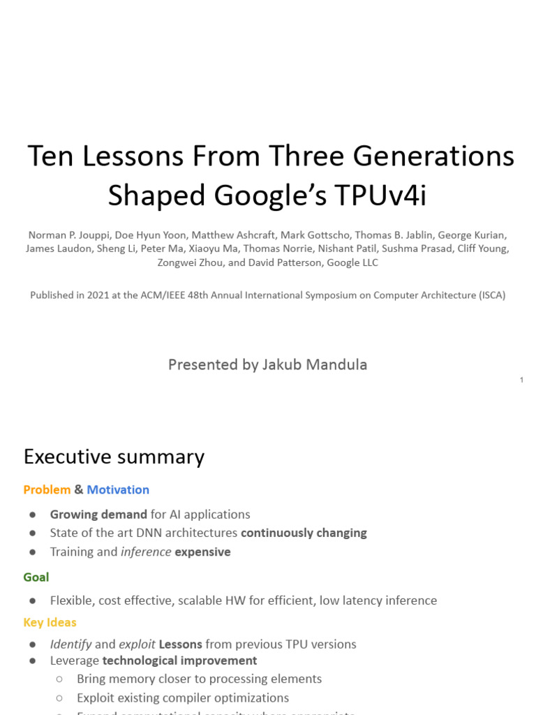 Ten Lessons From Three Generations Shaped Google S Tpuv4i | Download ...