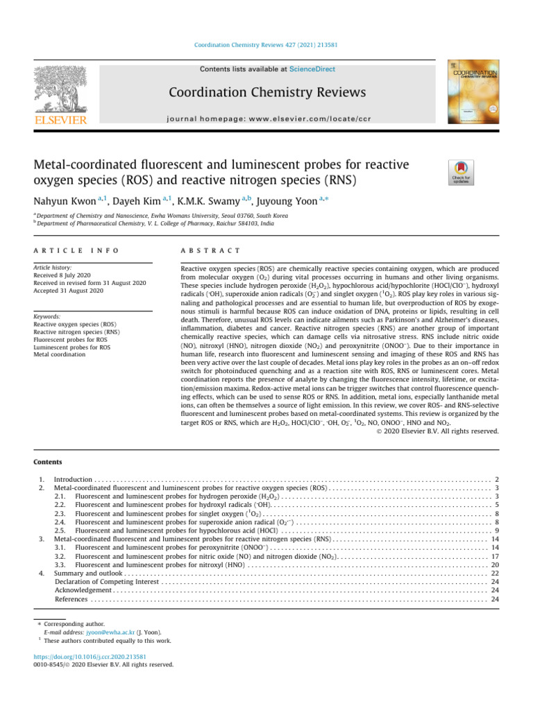 Metal-Coordinated Fluorescent and Luminescent Probes For ROS andRNS | PDF | Reactive Oxygen ...