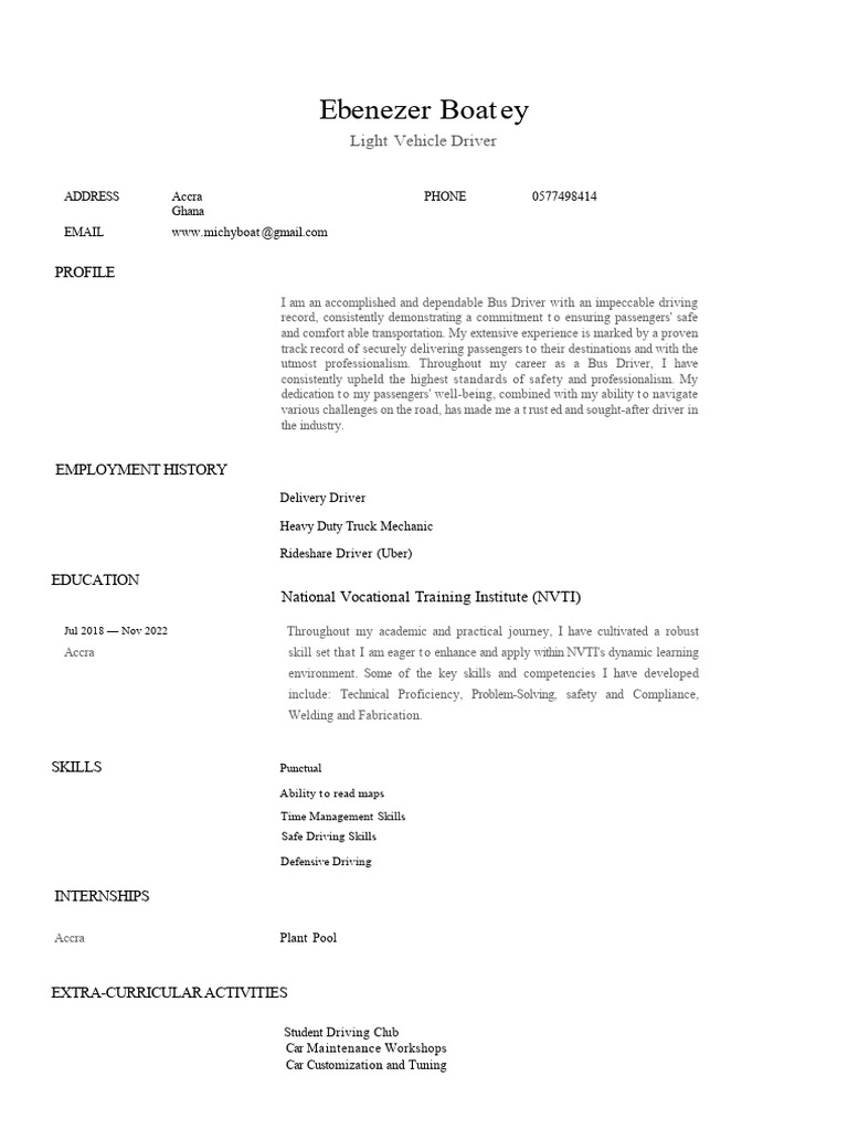 Boatey Light Vehicle Driver-CV | PDF