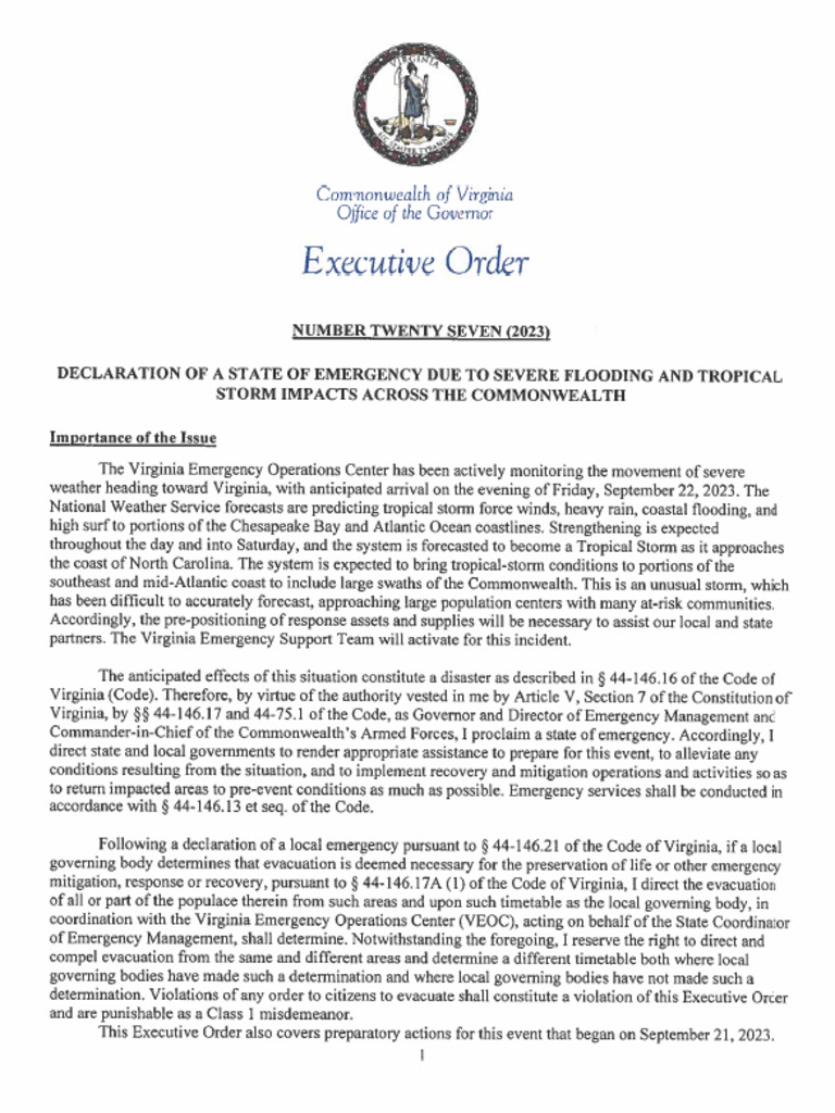 EO 27 Declaration of A State of Emergency Due To Severe Flooding and ...