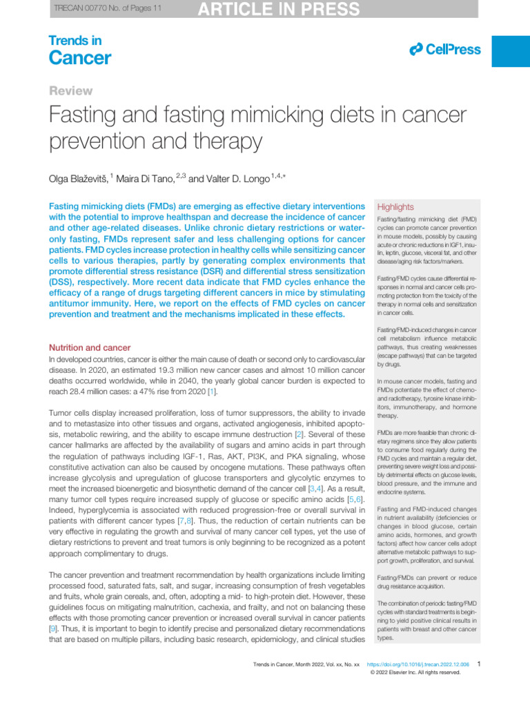 Fasting Diets in Cancer Therapy and Prevention | PDF | Cancer ...