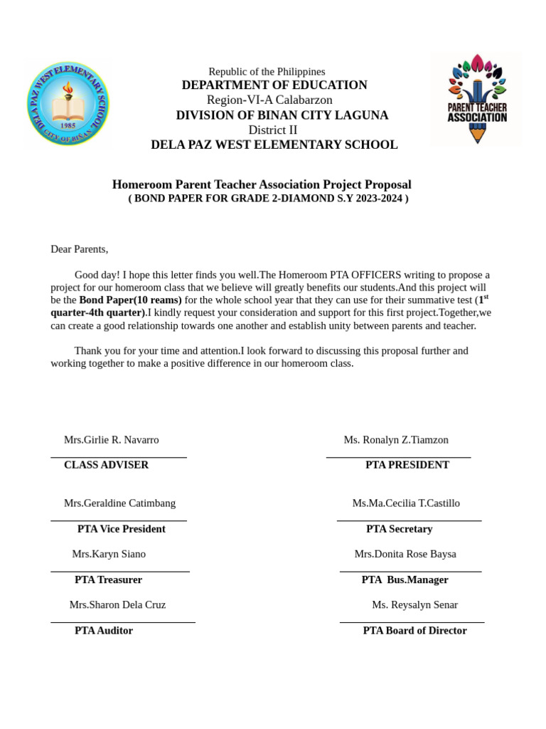 Homeroom PTA Project Proposal for Bond Paper | PDF