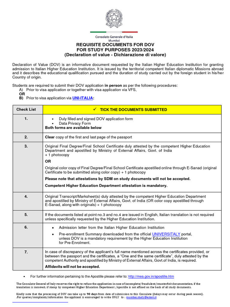 DOV Checklist for Italy Study Visa 2023 | PDF | Consul (Representative ...