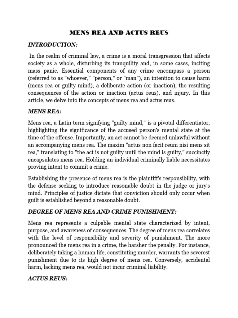 Mens Rea and Actus Reus | PDF | Mens Rea | Criminal Law