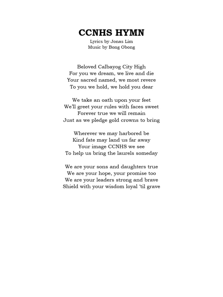 Ccnhs Hymn Lyrics | PDF