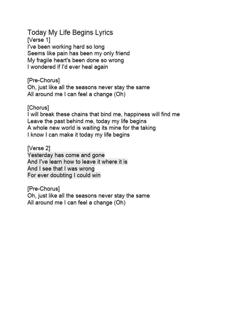 Today My Life Begins Lyrics Pdf