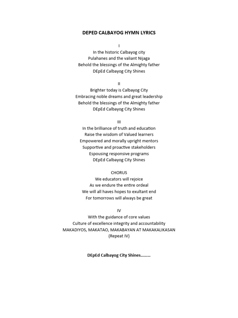Deped Calbayog Hymn Lyrics 1 | PDF