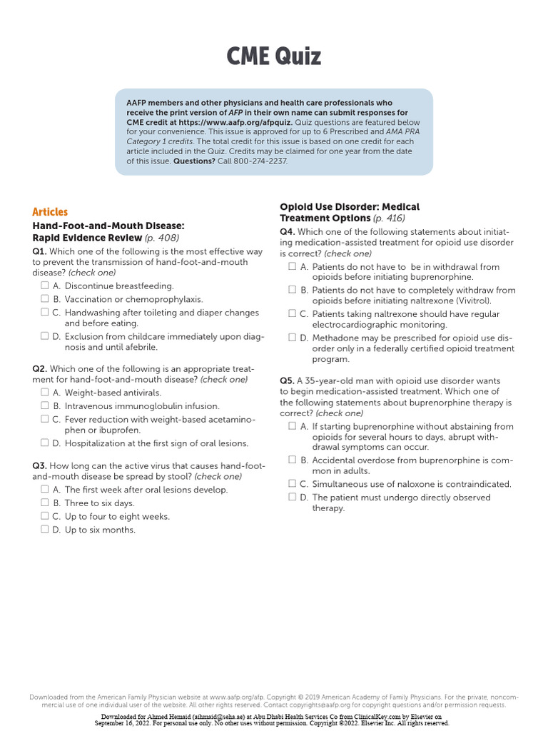 CME Quiz 2019 Oct Issue 7 | PDF | Opioid Use Disorder | Addiction