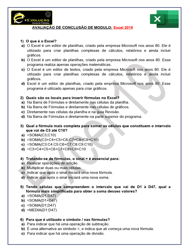 Prova de Excel2019 | PDF | Microsoft Excel | Imagem