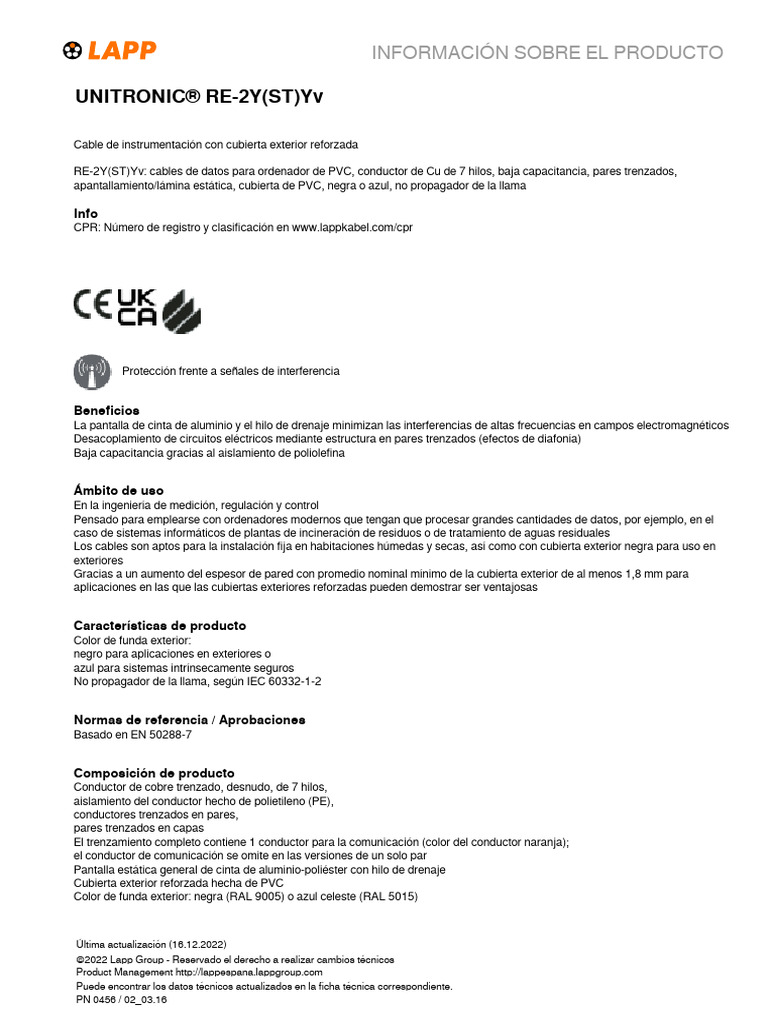 UNITRONIC® RE-2Y (ST) Yv | PDF | Cobre | Conductor electrico