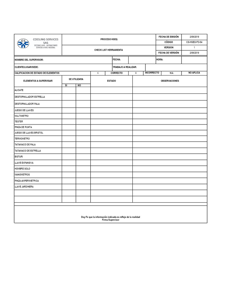 Check List Herramienta 2023 | PDF