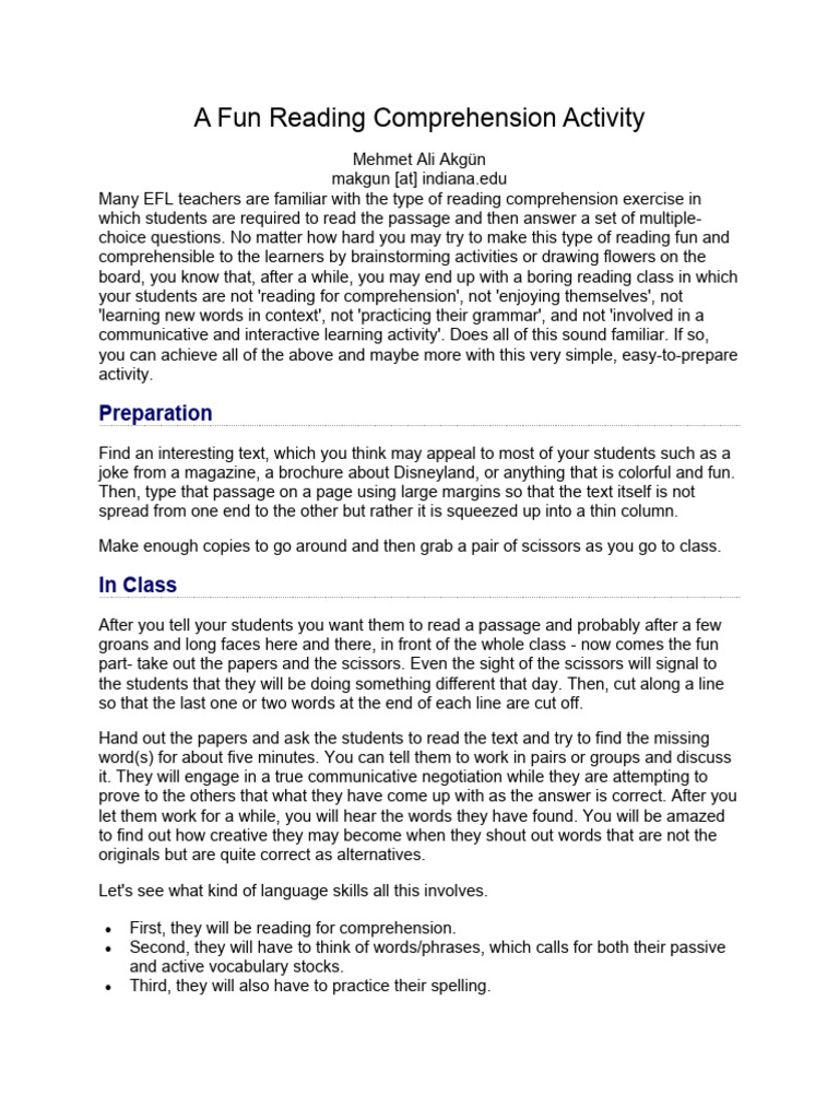 Interactive EFL Reading Activity | PDF