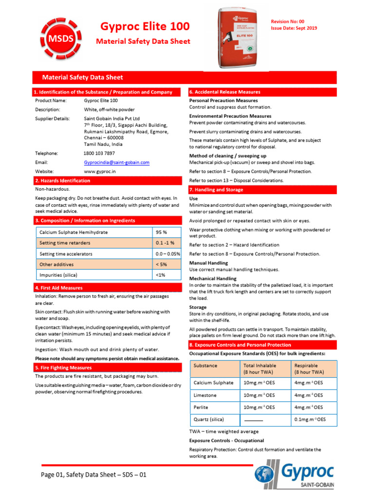 MSDS For Gyproc Elite 100 MSDS | PDF | Drywall | Materials