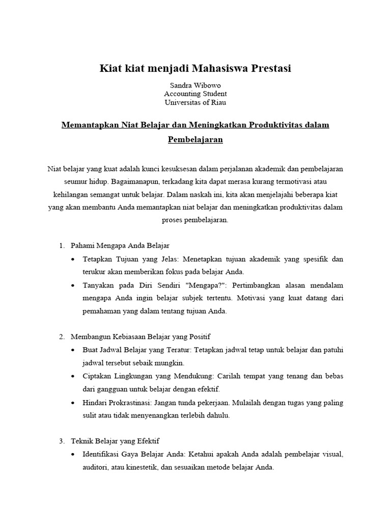 Kiat Kiat Menjadi Mahasiswa Prestasi - Sandra Wibowo | PDF | Pengembangan Diri