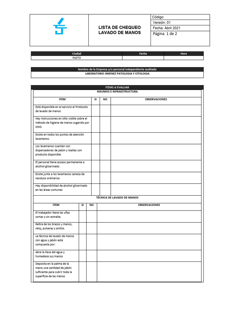 Lista de Chequeo Lavado de Manos | PDF | Lavado de manos | Saneamiento