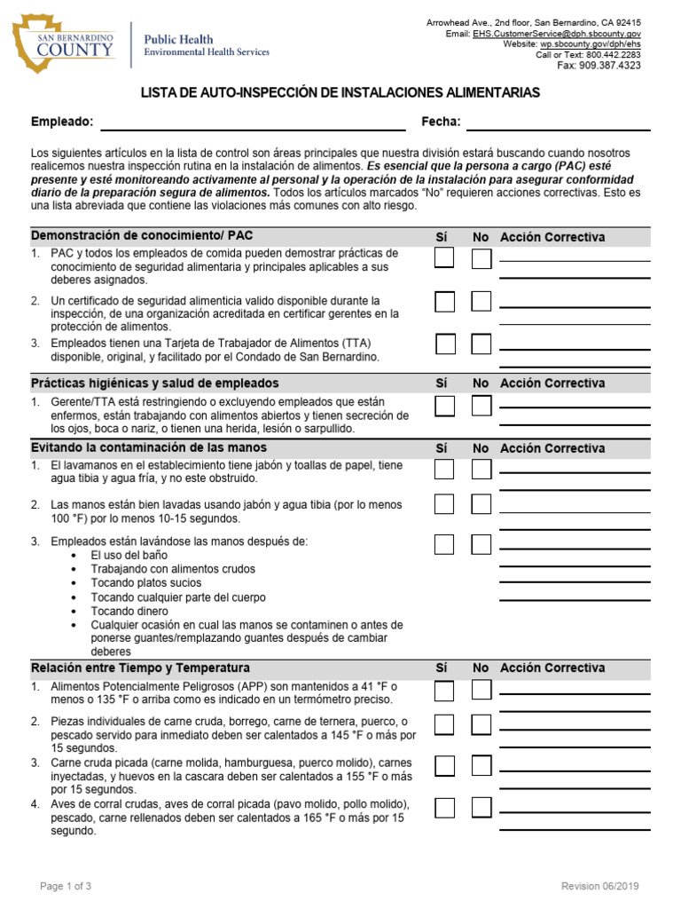 Food Facility Self Inspection Checklist Spanish | PDF | Agua | Carne