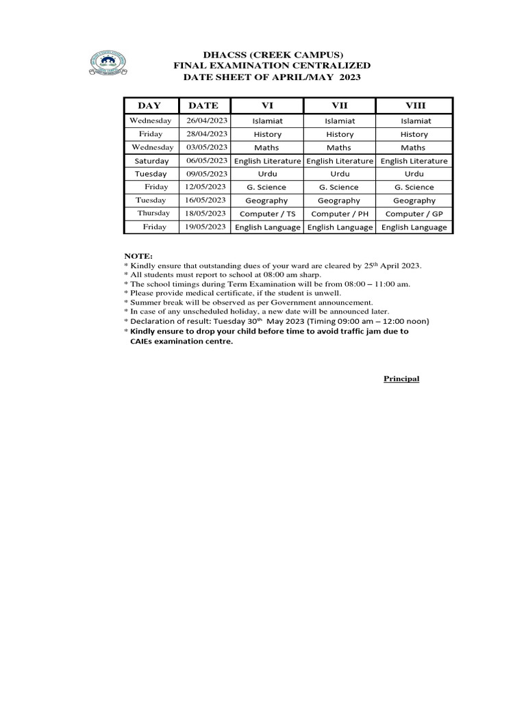 Final Exam Date Sheet 2023 | PDF