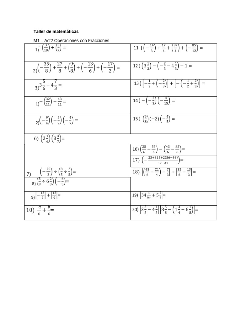 Taller de Matemáticas: M1 - Act2 Operaciones Con Fracciones 1) | PDF