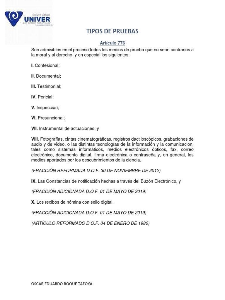 Tipos de Pruebas Oscar Eduardo Roque Tafoya | PDF