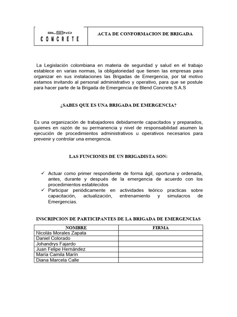 Acta de Conformacion de Brigada | PDF Acta de Conformacion de Brigada | PDF