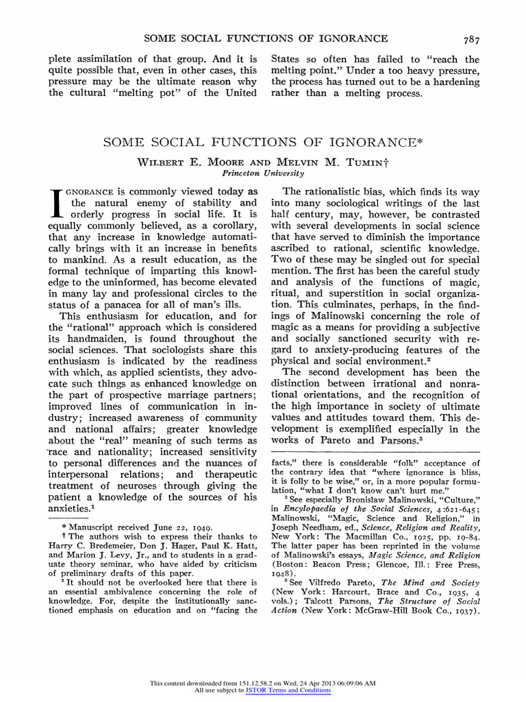 Aula 4 - Moore & Tumin, 1949 - Some Social Functions of Ignorance | PDF | Stereotypes | Sociology