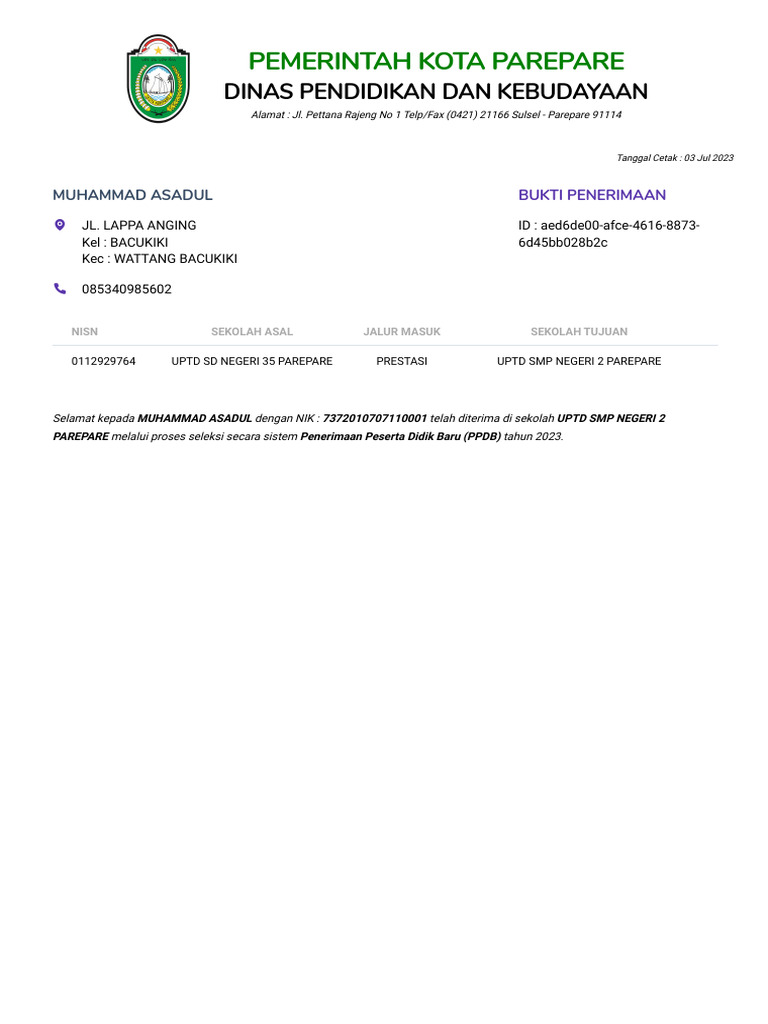 PPDB Online SMP Kota Parepare - Cetak Bukti Penerimaan | PDF