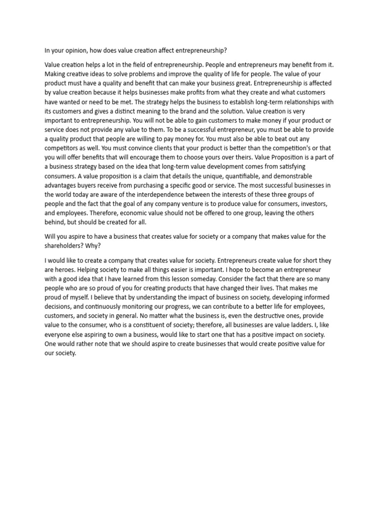 Value Creation in Entrepreneurship | PDF | Entrepreneurship | Strategic ...