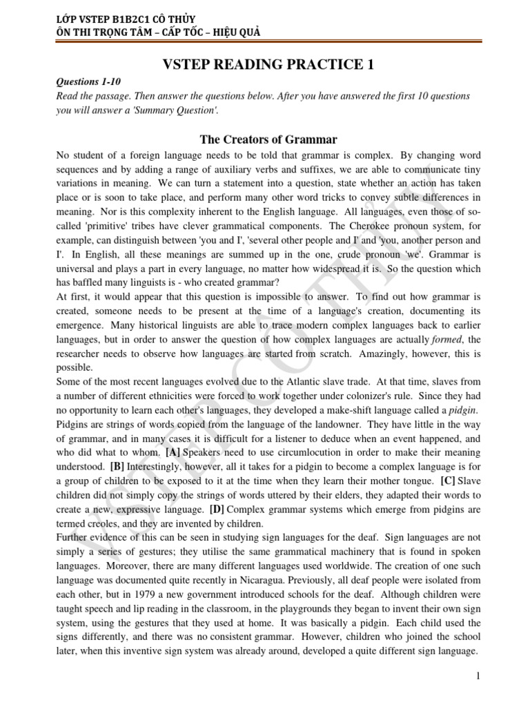 Vstep Reading Practice 1 (011220) | PDF | Question | Grammar