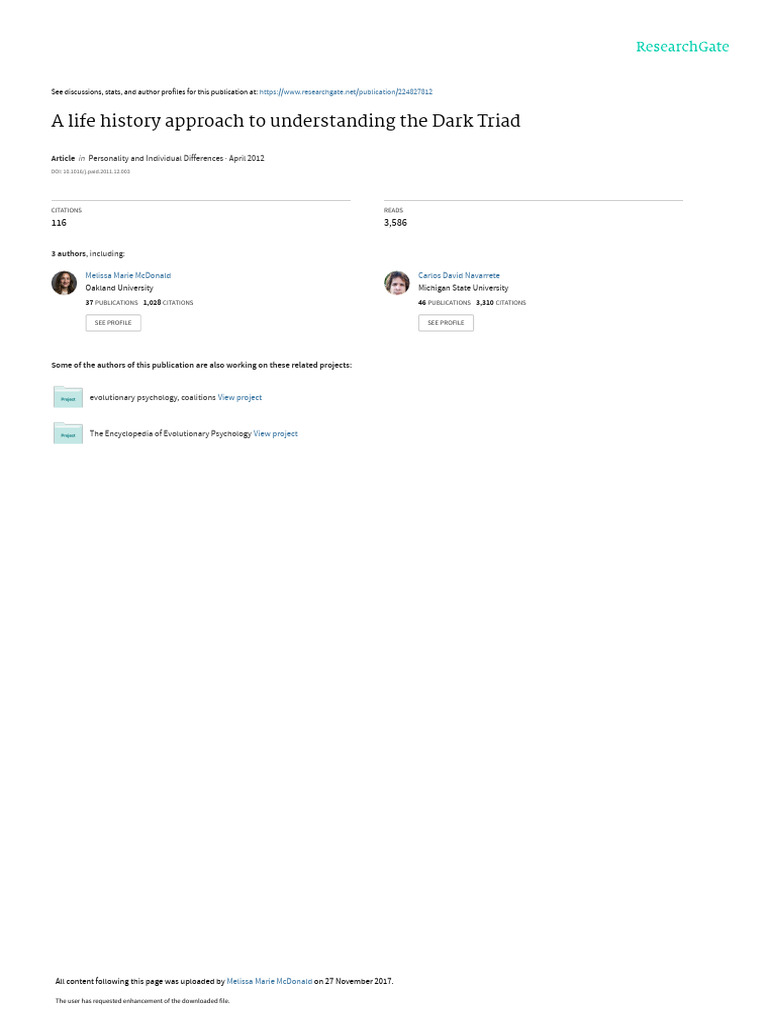 A Life History Approach To Understanding The Dark Triad | PDF | Dark ...