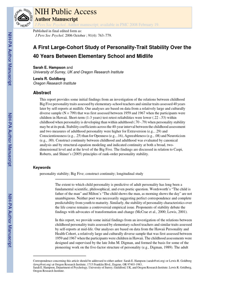 A First Large-Cohort Study of Personality-Trait Stability Over The 40 ...