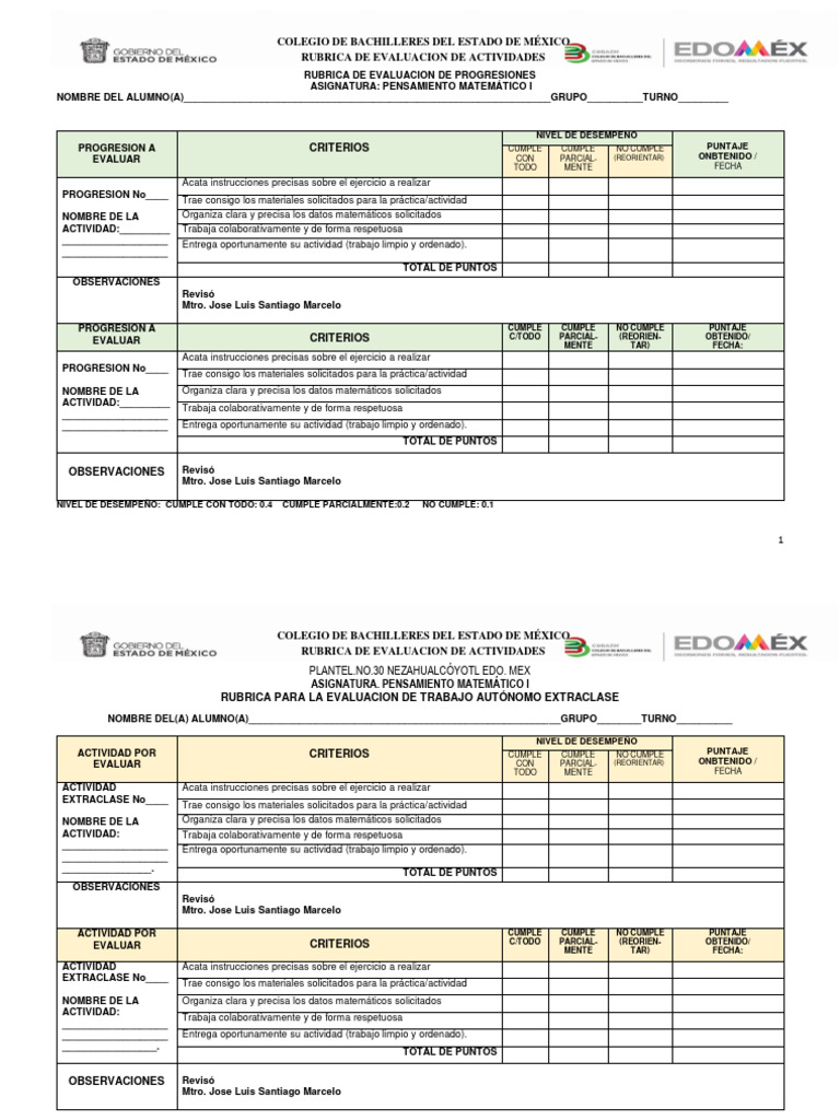 Rubrica de Ejercicios, Actividades y Trabajo Independiente | PDF