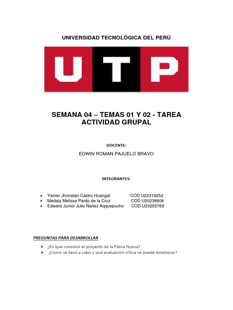 Semana 04 - Temas 01 y 02 - Tarea - Actividad Grupal | PDF Semana 04 - Temas 01 y 02 - Tarea - Actividad Grupal | PDF