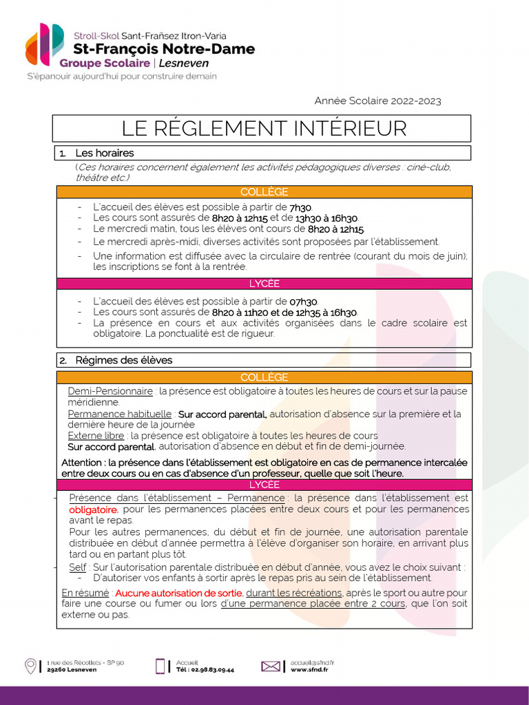 Règlement Intérieur 2022-2023 Collège et Lycée | PDF
