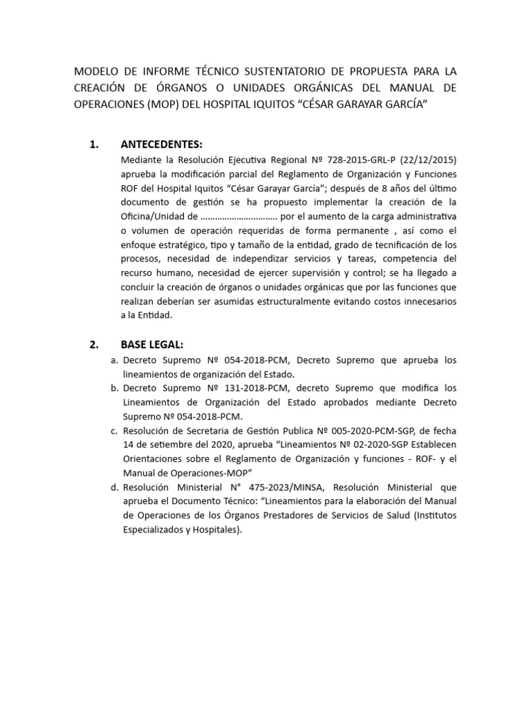 Modelo Informe Técnico Sustentatorio de Propuesta para La Creación de Órganos o Unidades ...