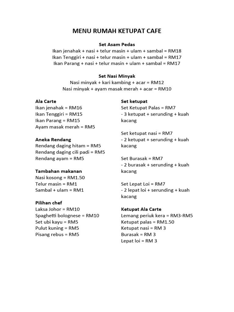 MENU RUMAH KETUPAT CAFE (Dine In) - 1 | PDF
