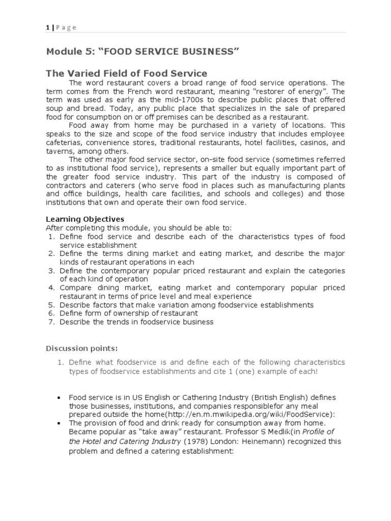 Module - 5 Food Service Business | PDF | Foodservice | Restaurants