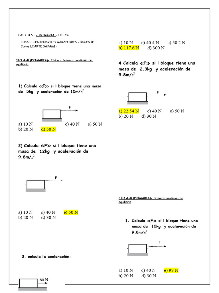 FAST TEST FISICA PRIMARIA CENTENARIO y MIRAFLORES Del (10-07-23) Al (14 ...