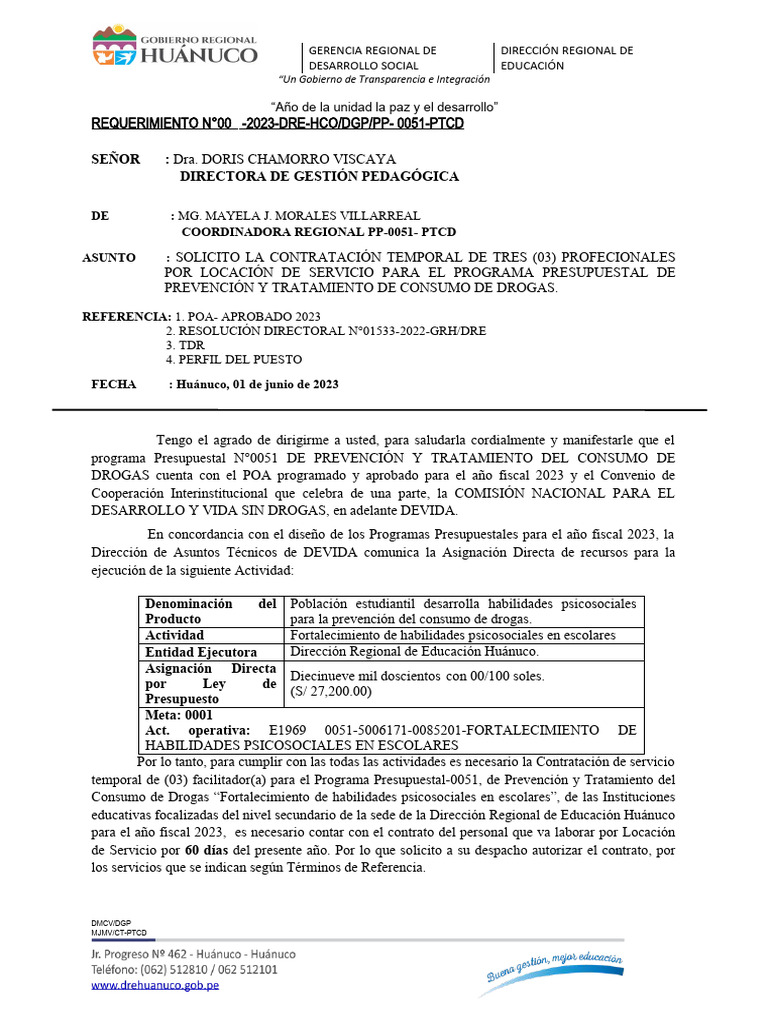 Requerimiento N°00 - 2023 - DRE-HCO/DGP/PP-0051-PTCD: Señor: Dra. Doris Chamorro Viscaya | PDF