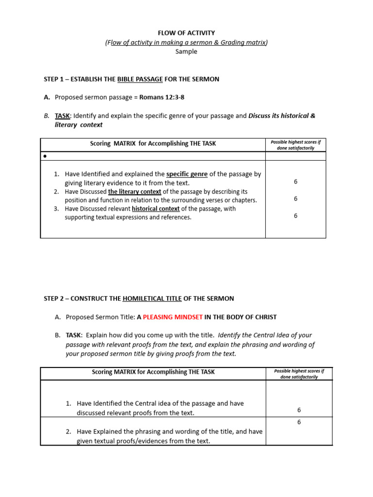 1mon C Sample (Rom. 12.1 8) Flow of Activity and Grading Matrix | PDF | Sermon | Homiletics