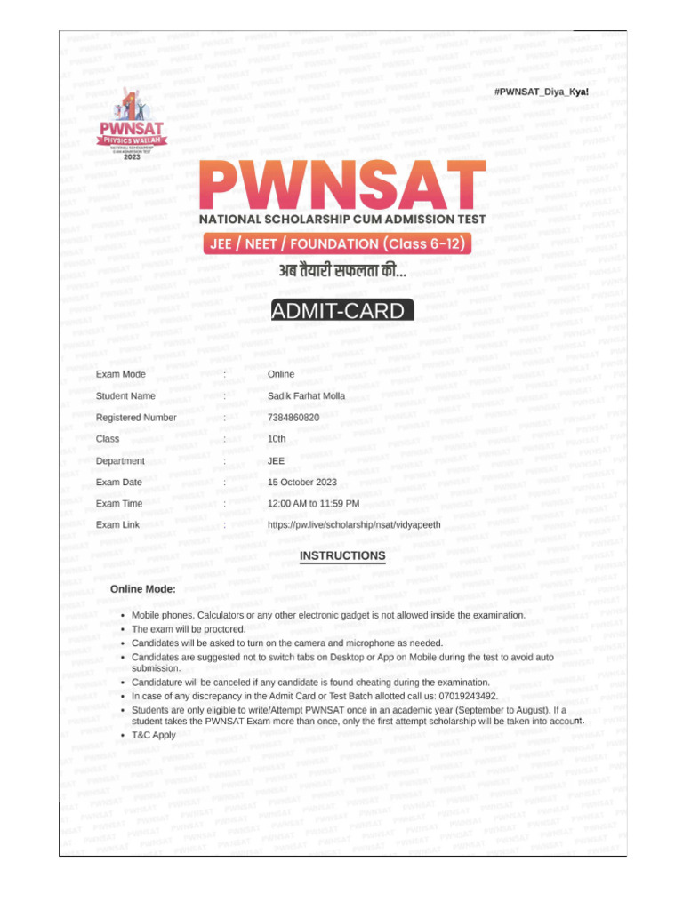 PW Admit Card | PDF
