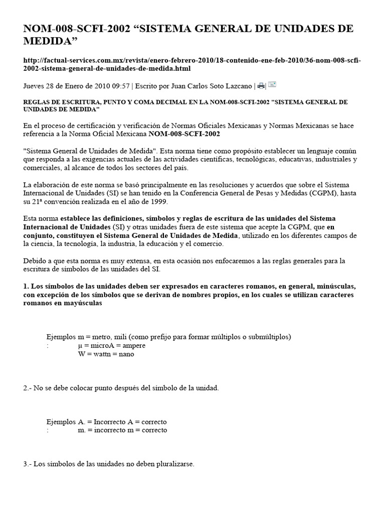 Referencia Norma Oficial Mexicana NOM 008 2002 SISTEMA GENERAL DE ...