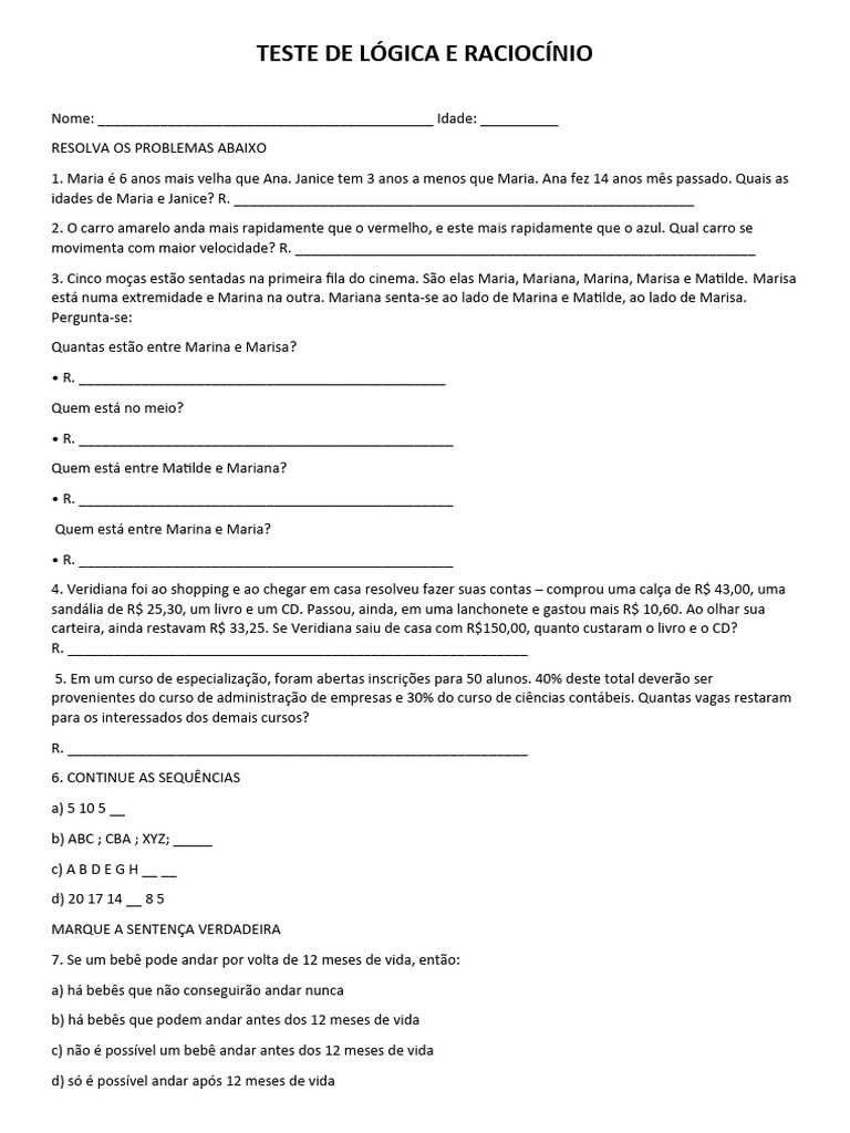 Teste de Lógica e Raciocínio | PDF