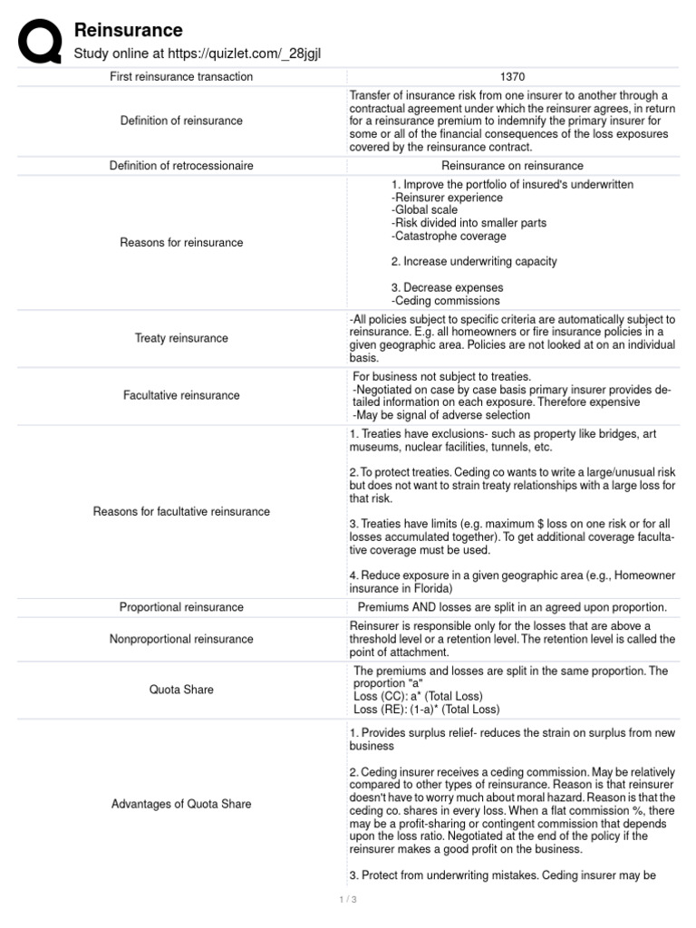Reinsurance Flash Cards | PDF | Reinsurance | Insurance