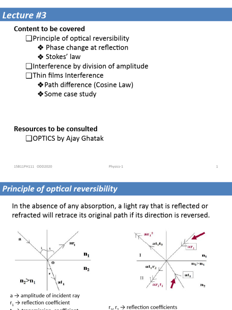 L3 - Phase Change at Reflection, Stoke's Law, Thin Film | PDF ...