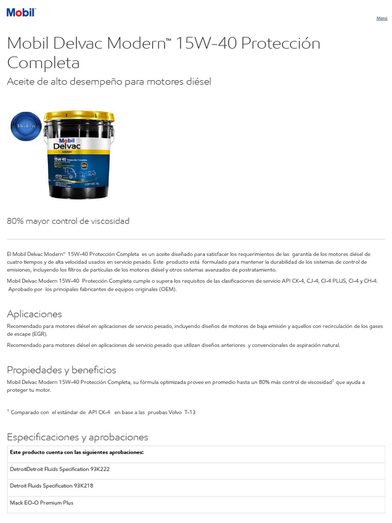 Mobil Delvac Modern™ 15W-40 Protección Completa | PDF